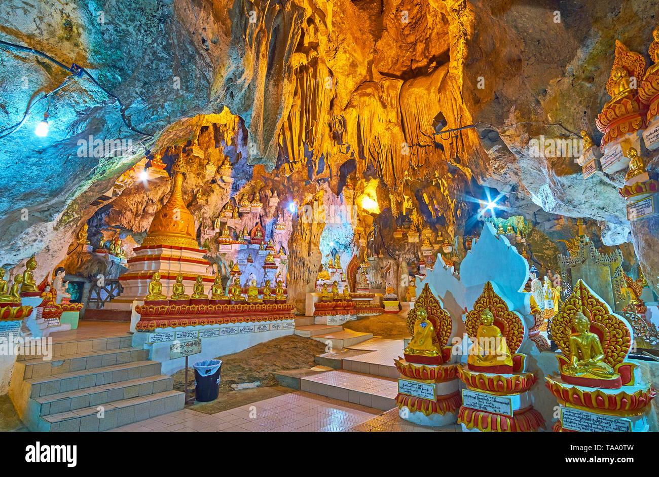 PINDAYA, MYANMAR - FEBRUARY 19, 2018: The marvelous interior of the ...