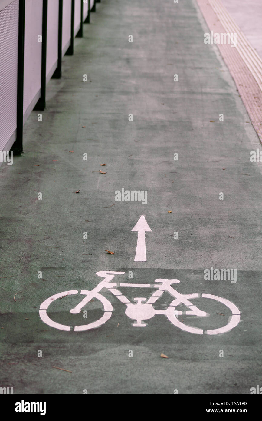 Bike lane symbol with a direction arrow on ground. Bicycle trail road ...