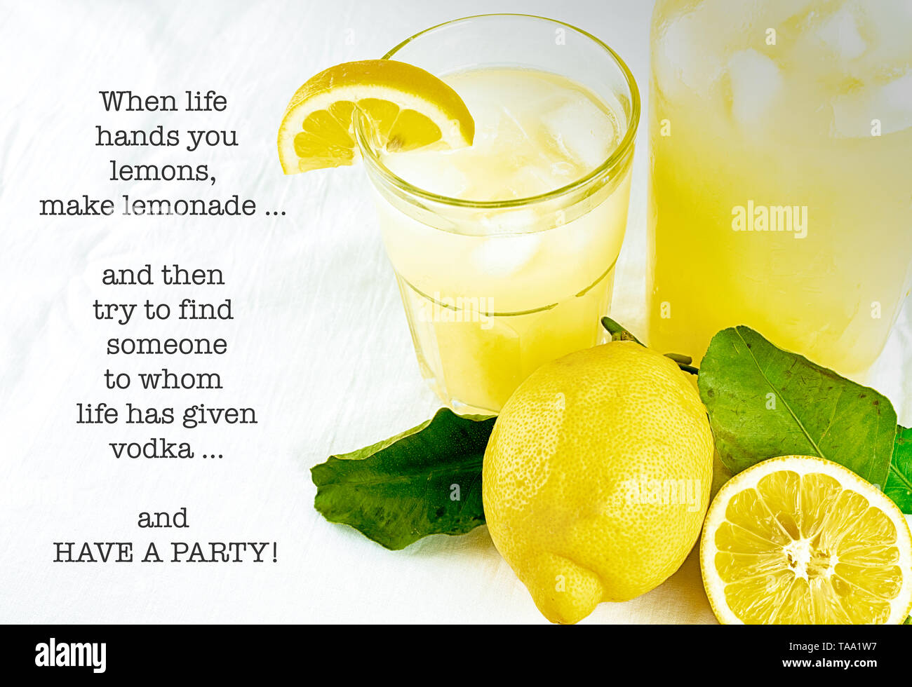 Still life of fresh lemonade and lemons and green leaves with humorous ...