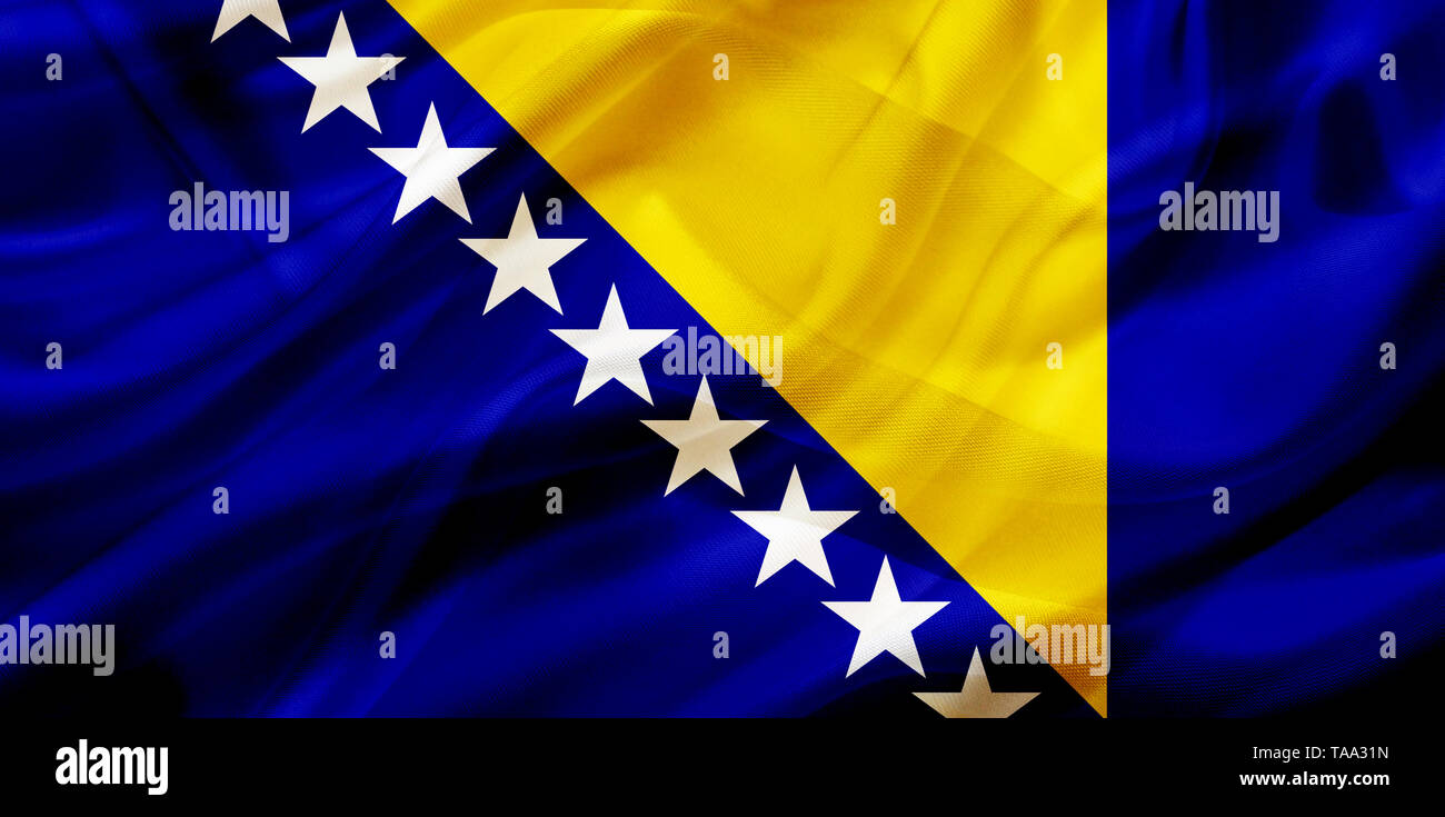 Bosnia and Herzegovina country flag symbol on silk or silky waving ...