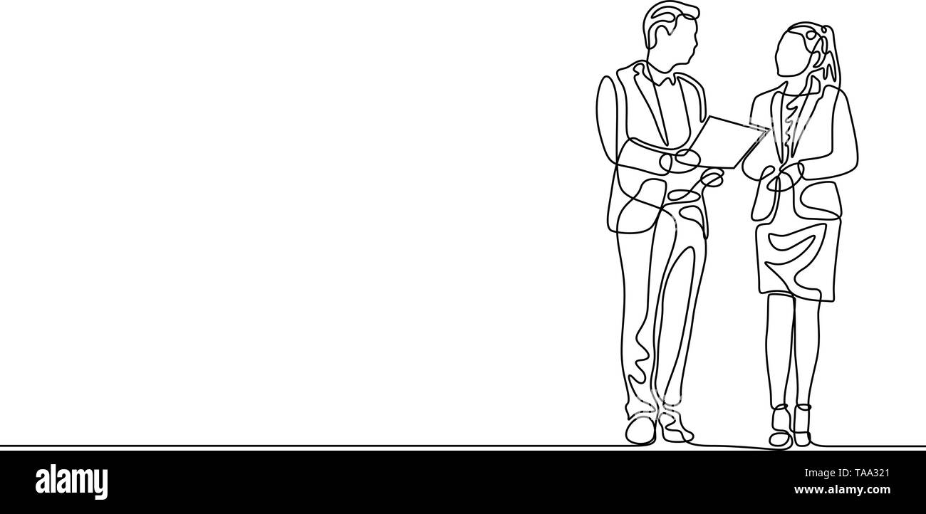 Continuous line Businessman and Businesswoman discuss work Stock Vector ...
