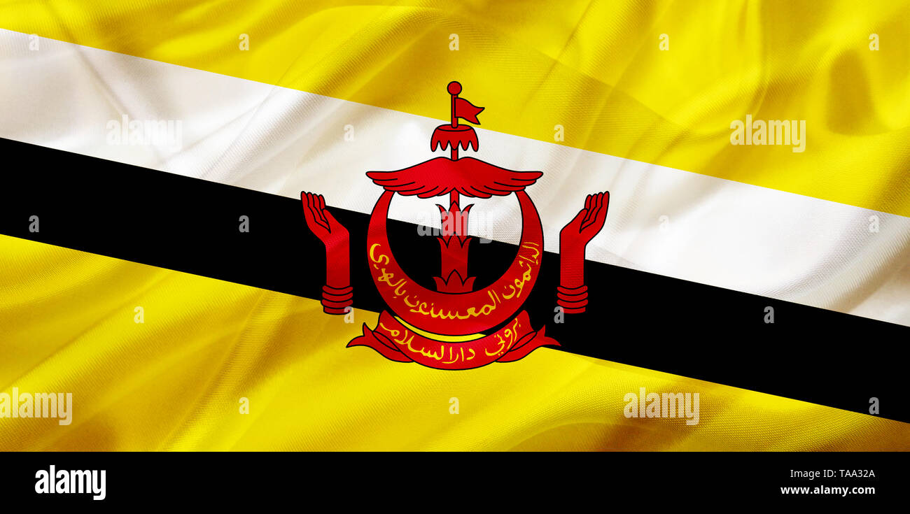 Brunei country flag symbol on silk or silky waving texture. Smooth ...