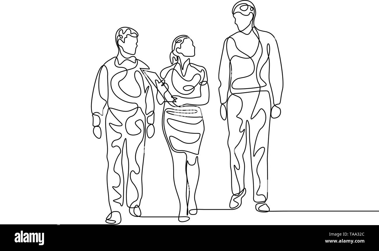 Continuous line Businesswoman with two assistans discussing work Stock ...