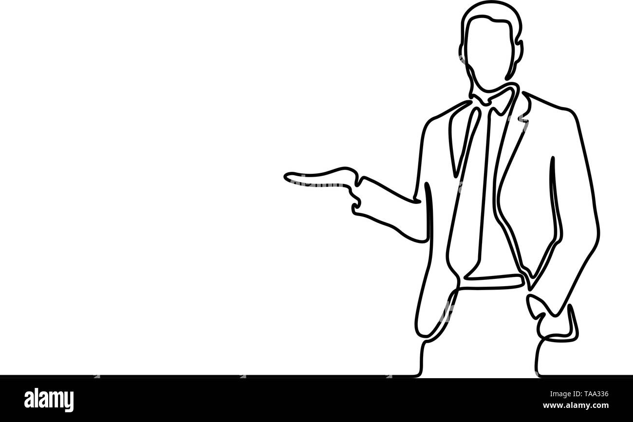 Continuous line drawing businessman tells and shows something ...