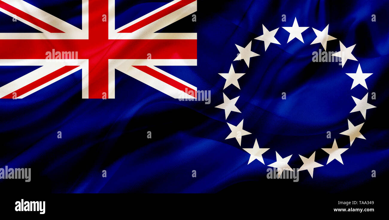 Cook Islands country flag symbol on silk or silky waving texture ...