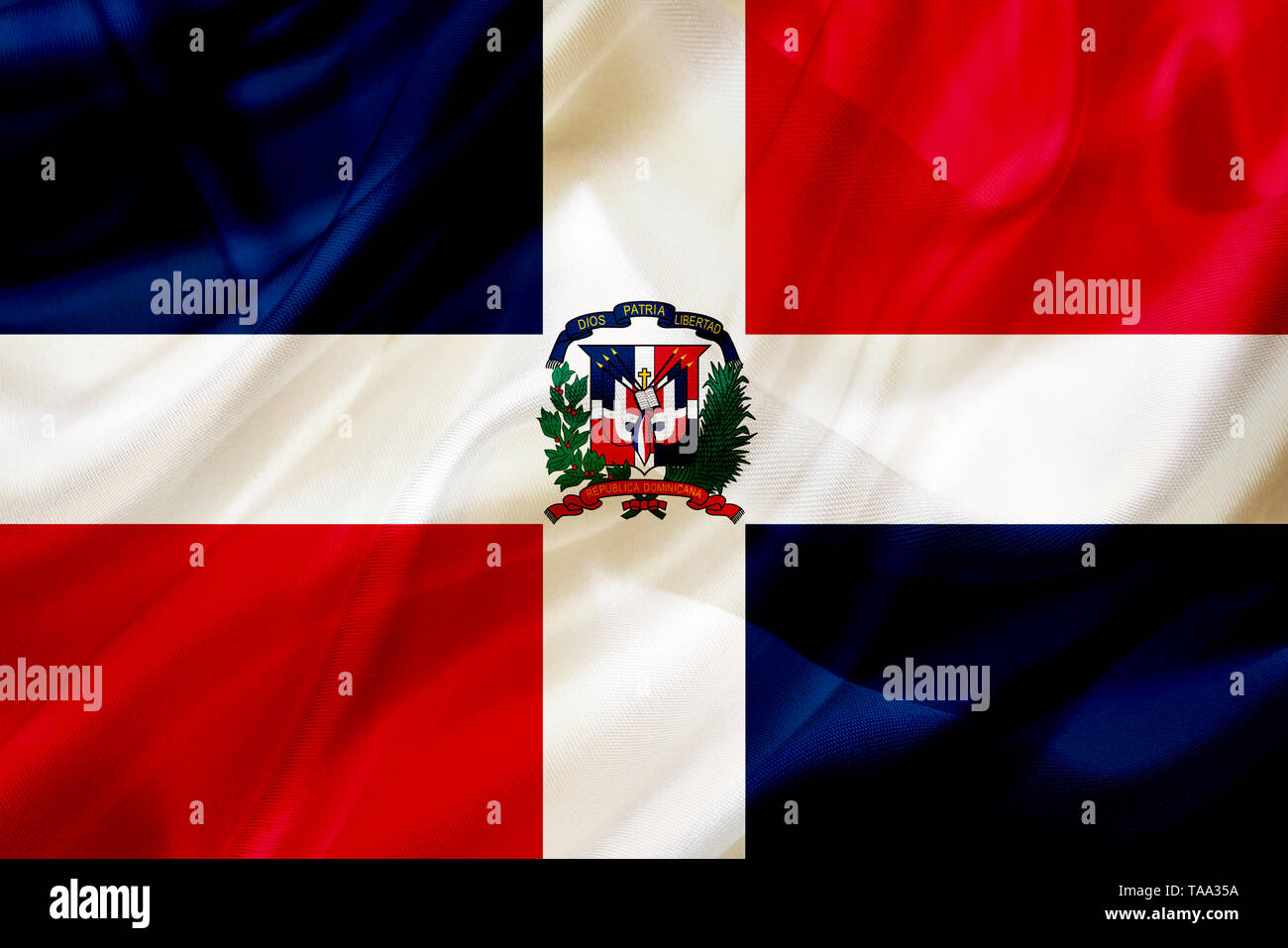 Dominican Republic country flag symbol on silk or silky waving texture ...