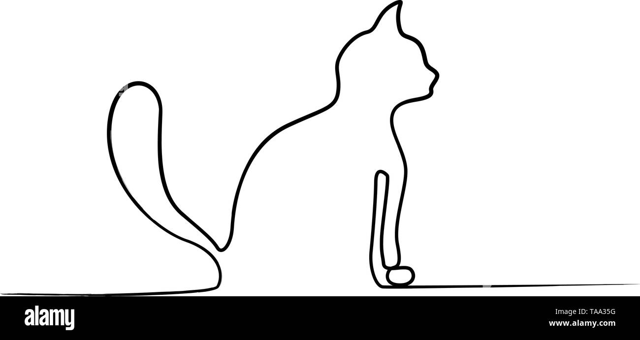 Continuous line sitting cat with fluffy tail. Side view cat. Vector ...