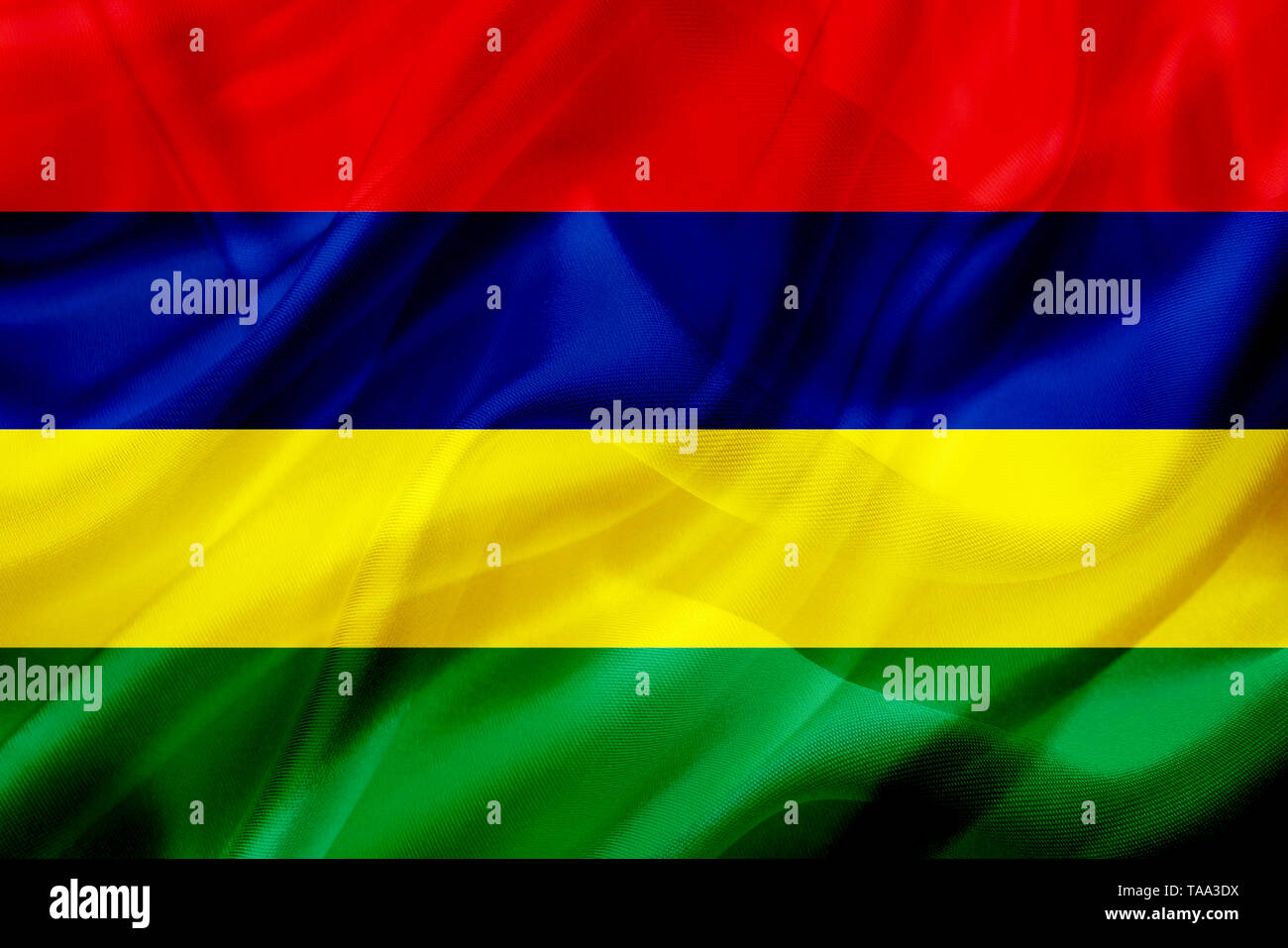 Mauritius country flag symbol on silk or silky waving texture. Smooth ...
