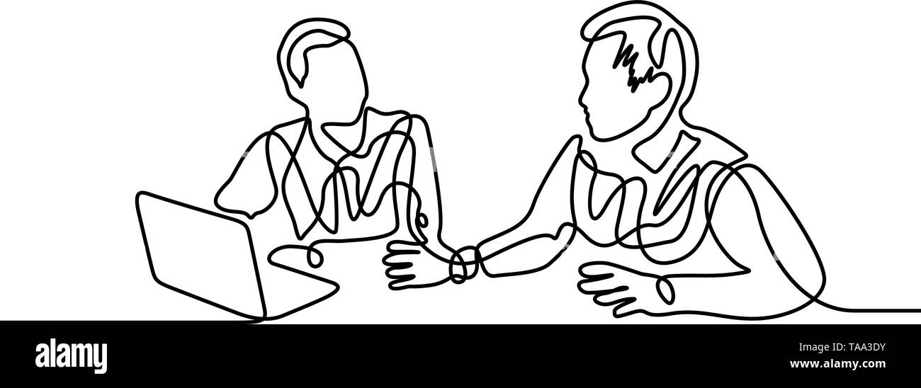 Continuous one line co-workers discussing work in front of a laptop ...