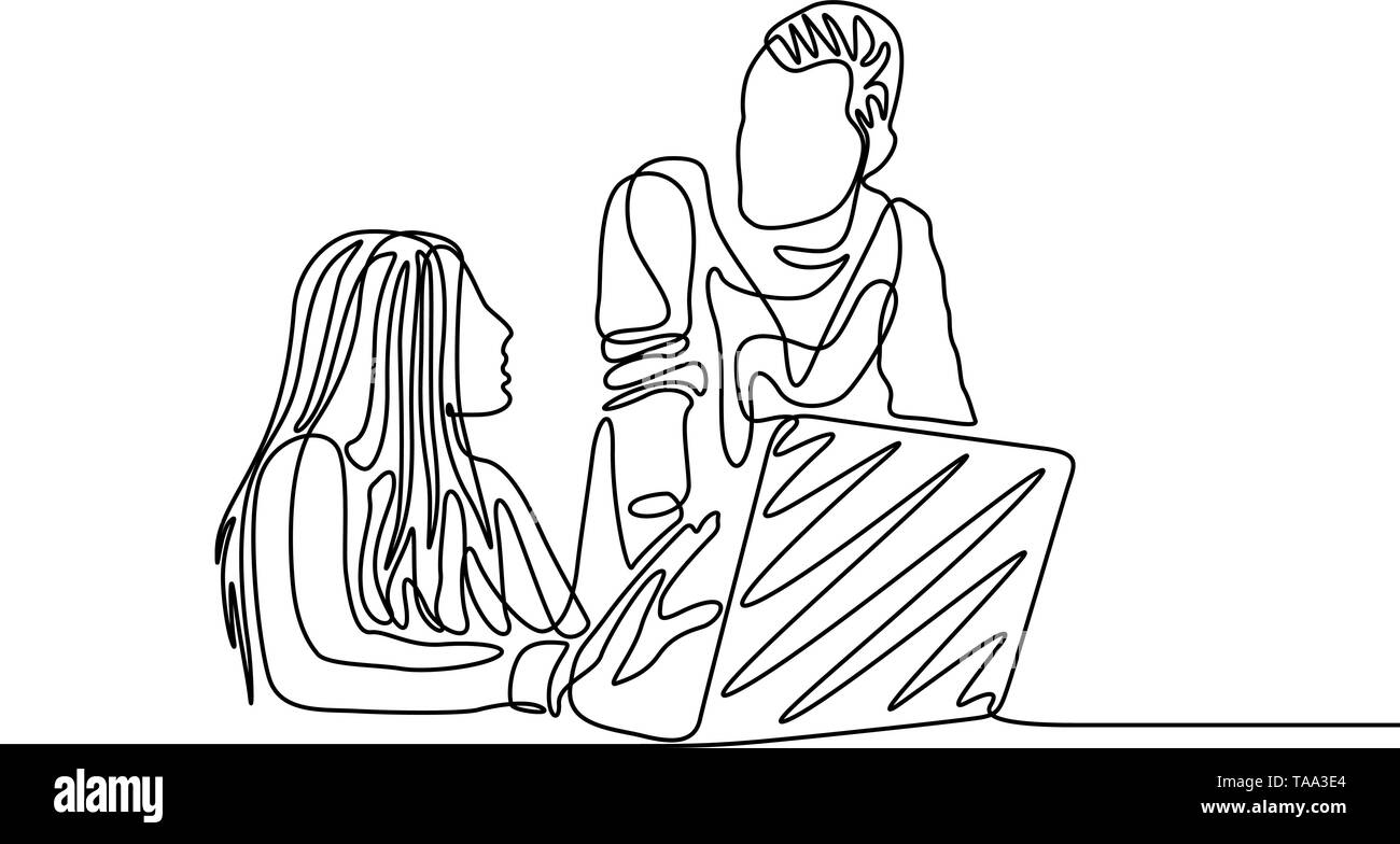 Continuous one line colleagues discussing work in front of a laptop ...