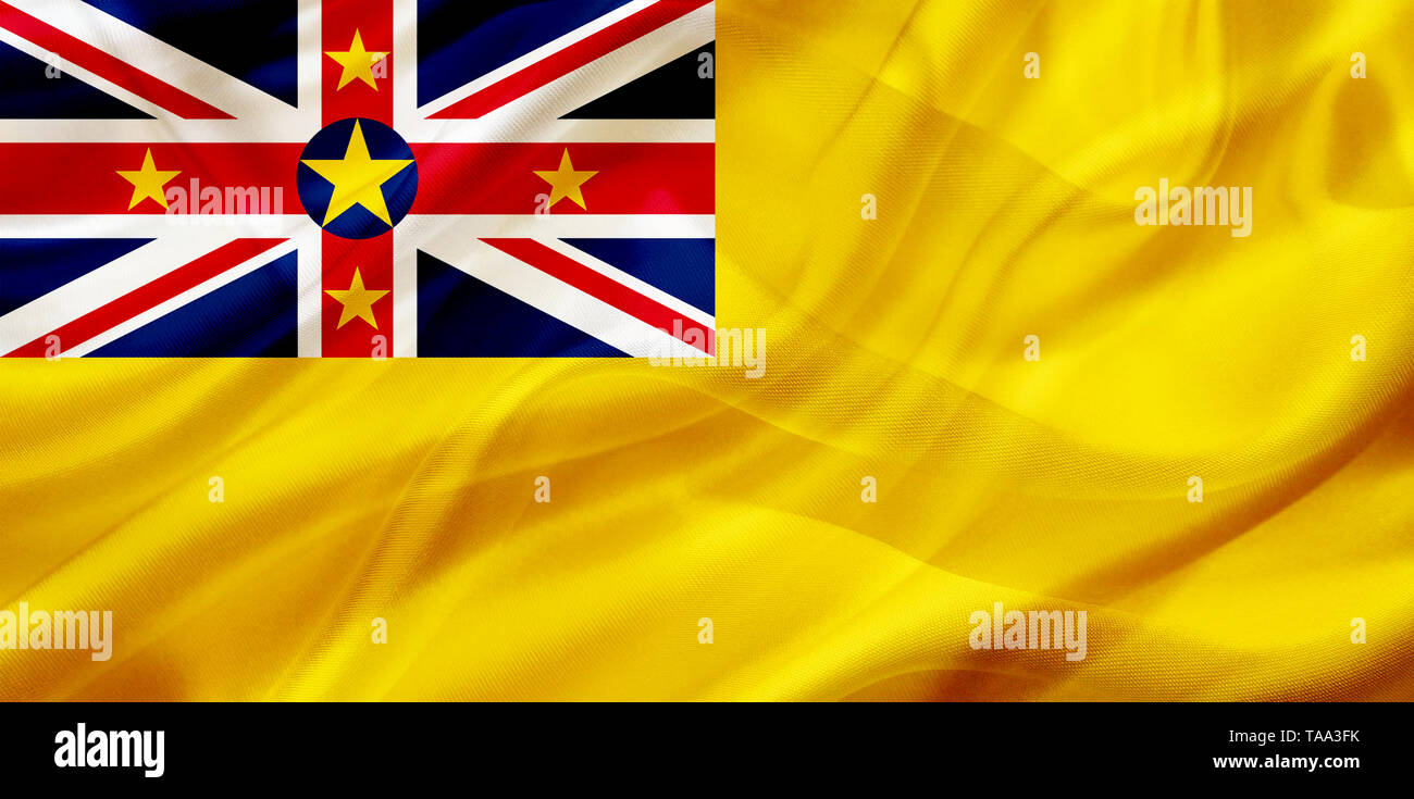 Niue country flag symbol on silk or silky waving texture. Smooth fabric ...