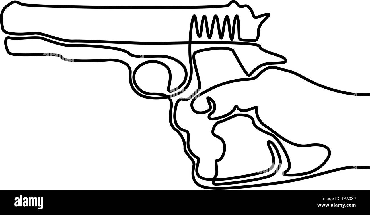 One line drawing hand holding the pistol. Vector illustration Stock ...