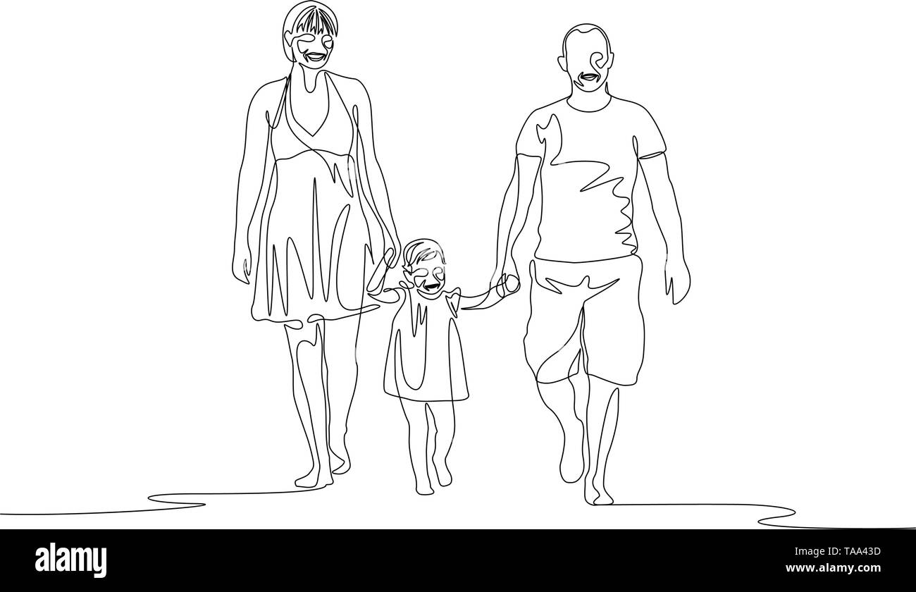 Continuous one line happy family walking together and holding the hand ... Continuous one line happy family walking together and holding the hand ...