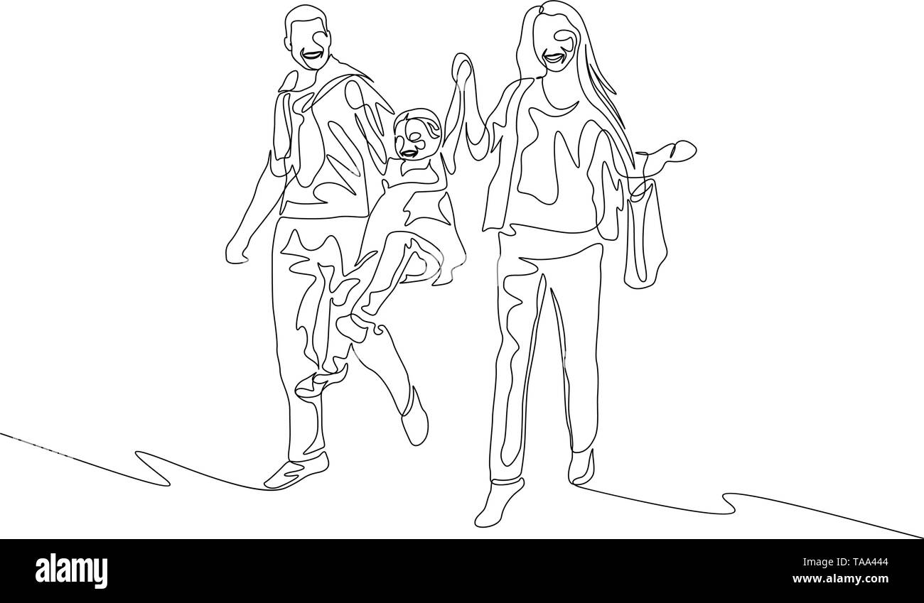Continuous one line happy family walking together and holding the hands ... Continuous one line happy family walking together and holding the hands ...
