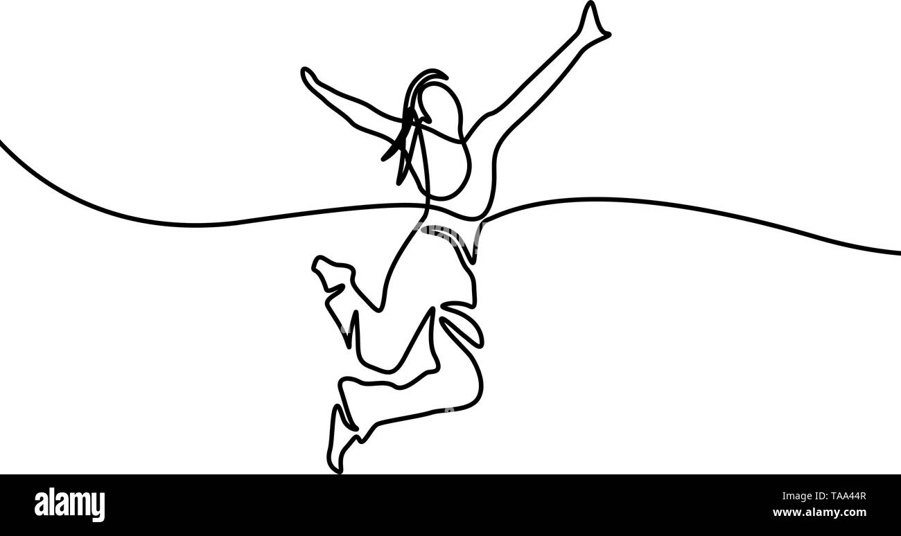 Gitl jumping for happy. Continuous line drawing. Vector illustration ...