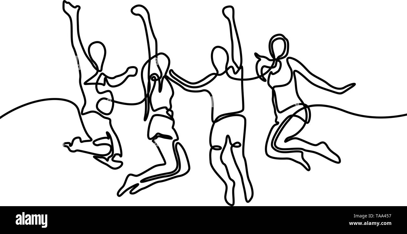 Continuous line drawing Group of boys and girls jumping for happy ...