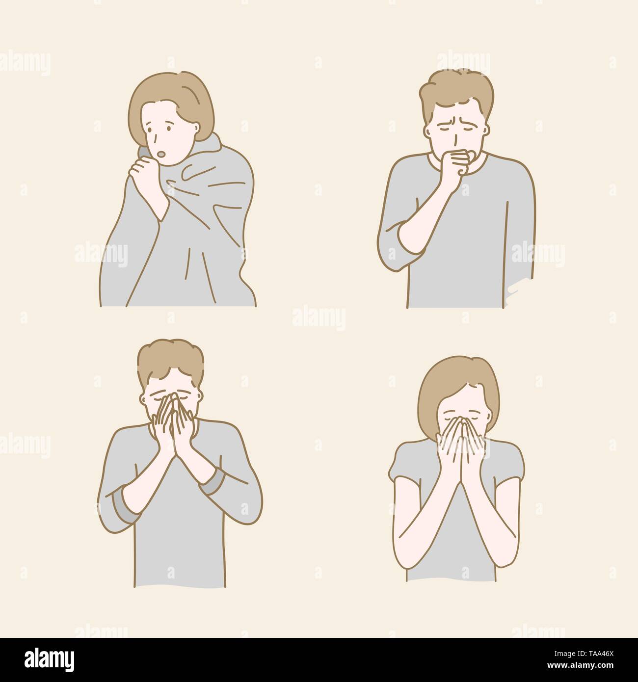 People cough because of cold autumn or winter weather. hand drawn style ...