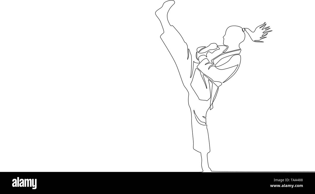Continuous one line drawing Karate girl high kick. Vector illustration ...
