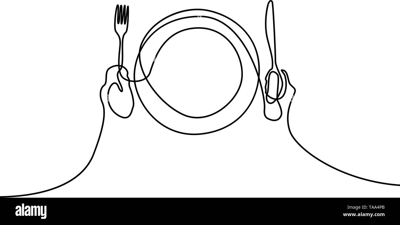 Continuous one line plate, khife and fork. First person view. Vector ...