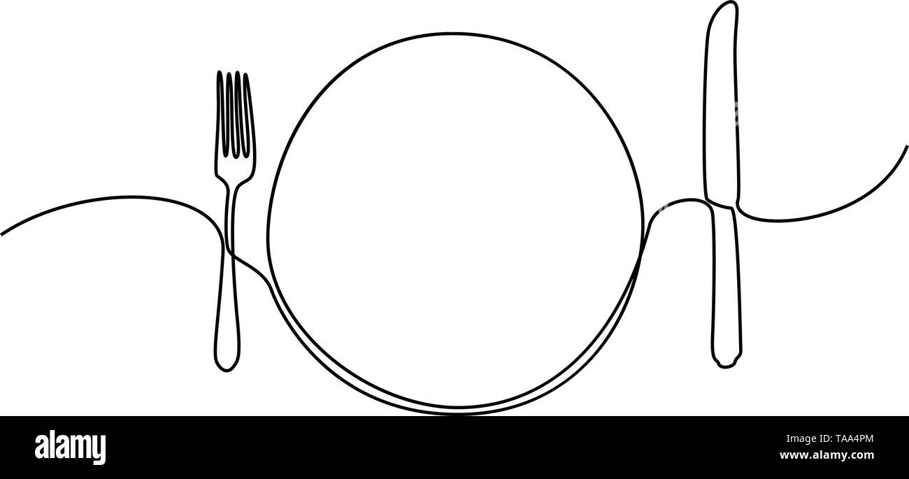 Continuous one line plate, khife and fork. Vector illustration Stock ...