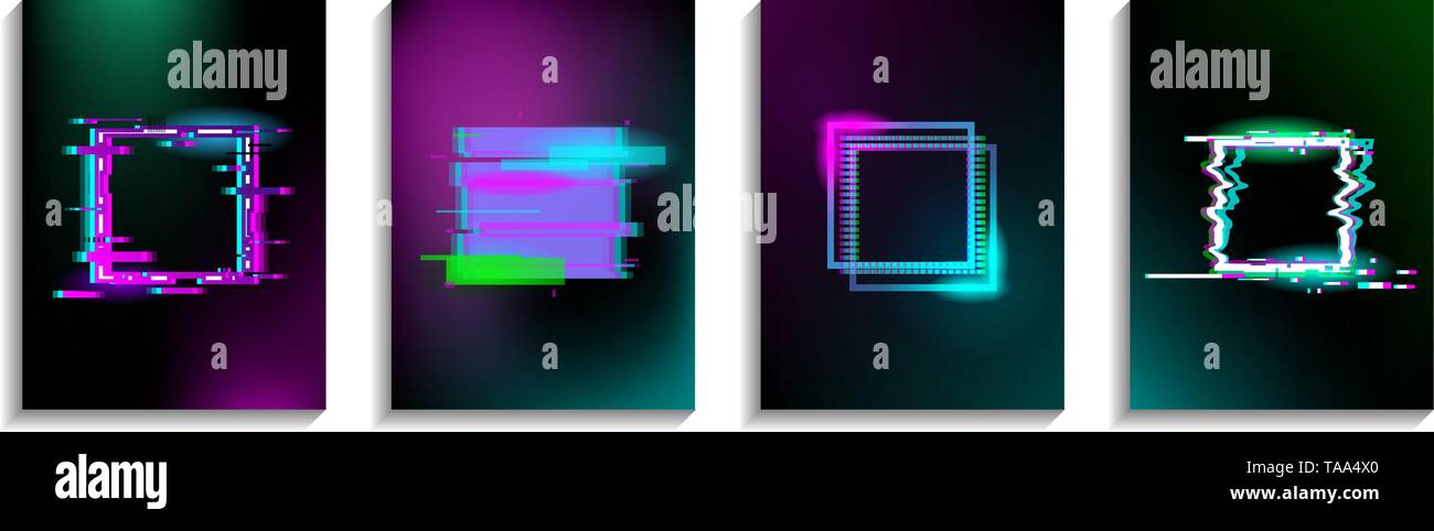 Set of Glitch squares with neon effect. Design for cards, invitations ...