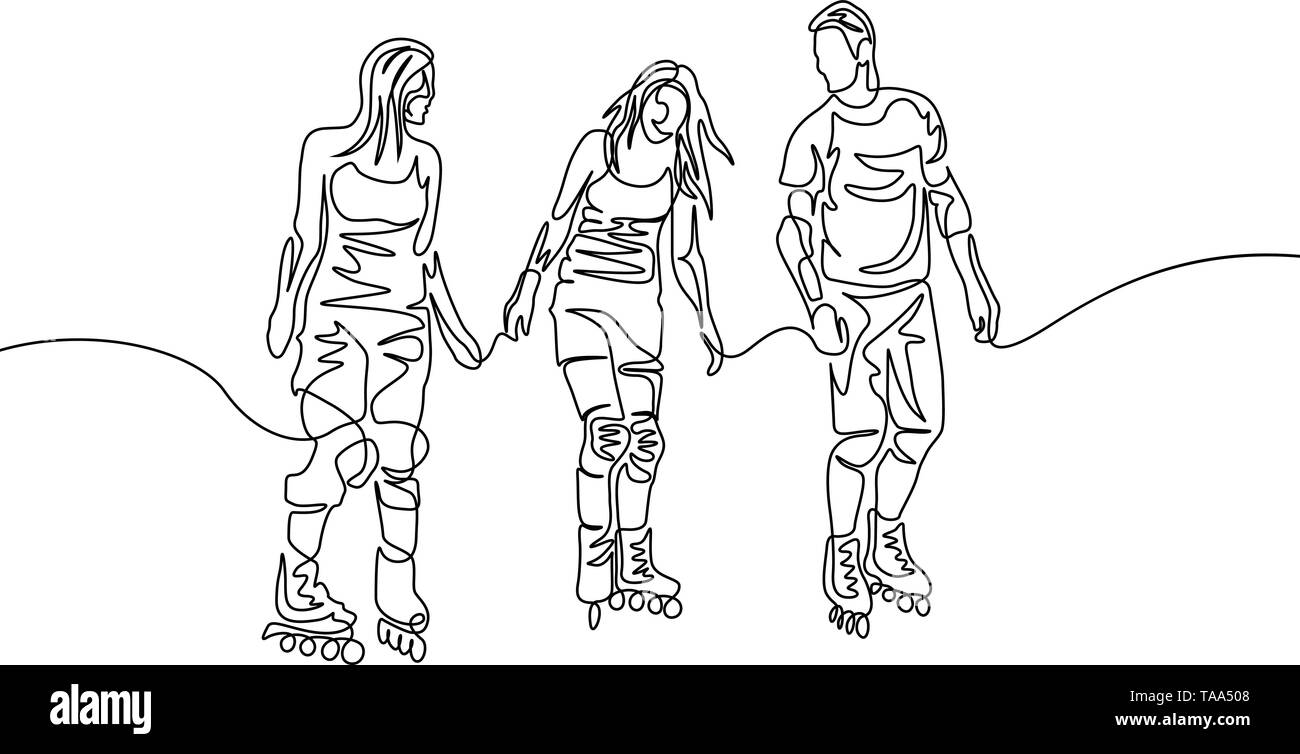 Continuous one line drawing group of friends rollerblading. Sport ...