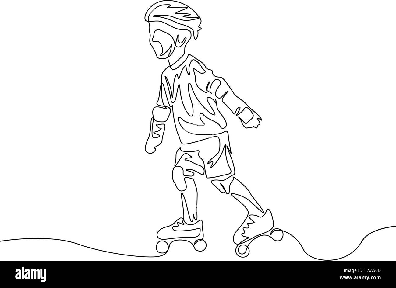 Continuous one line drawing kid in protect clothes rollerblading. Sport ...