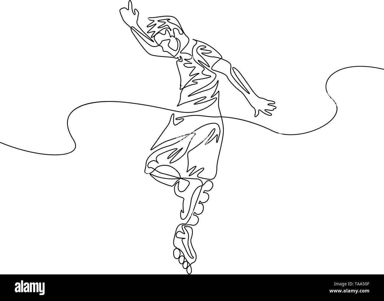 Continuous one line man perform a trick on roller skates. Sport ...