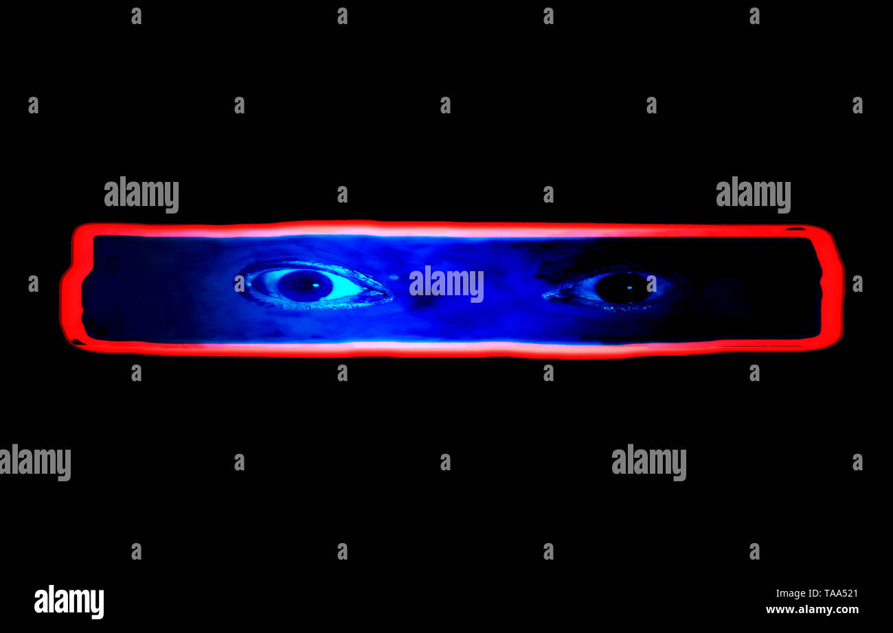 horror movie poster with eyes on a black background in red frame Stock ...