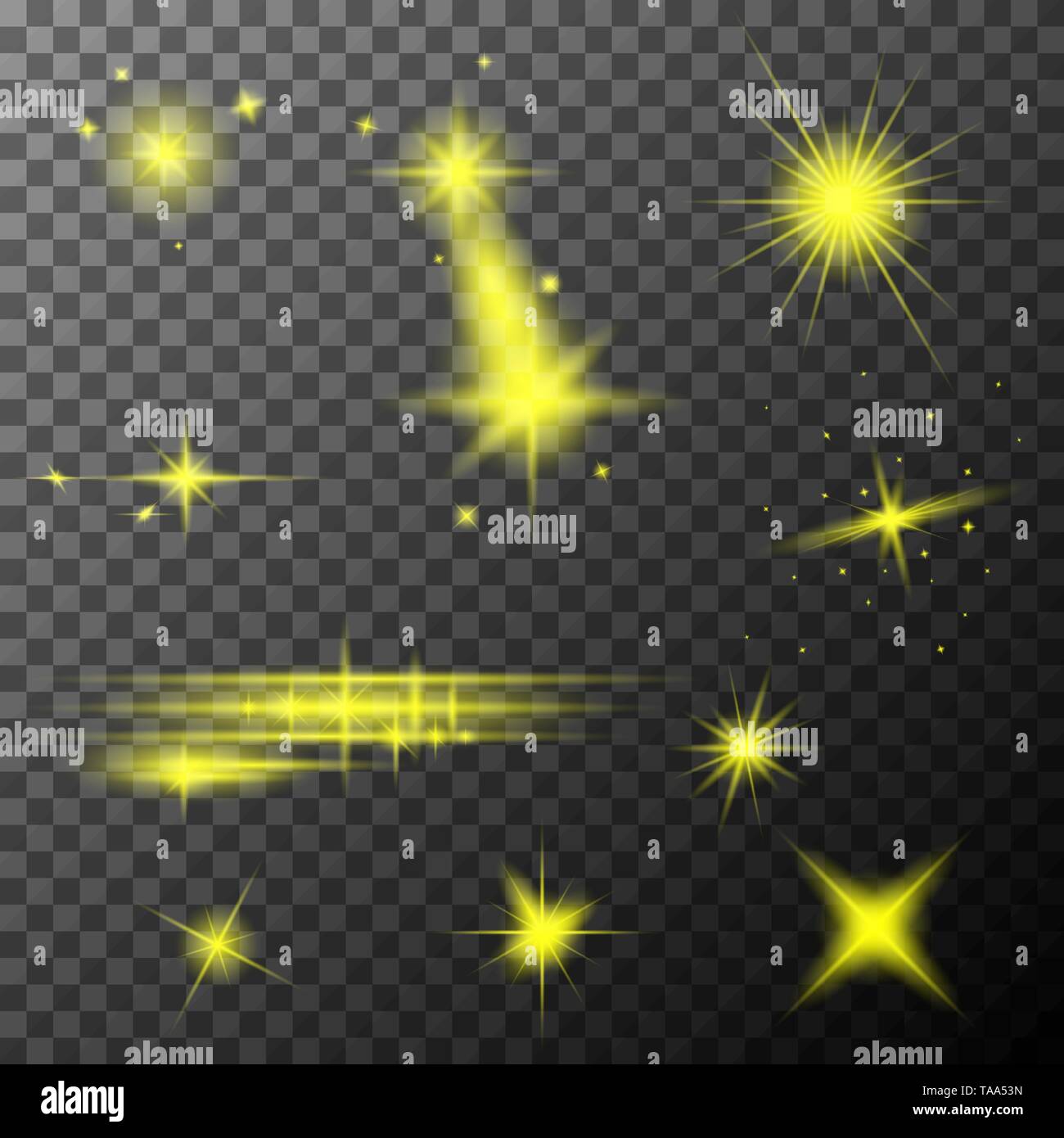 Set of yellow lens flares. Yellow sparkles shine special light effect ...