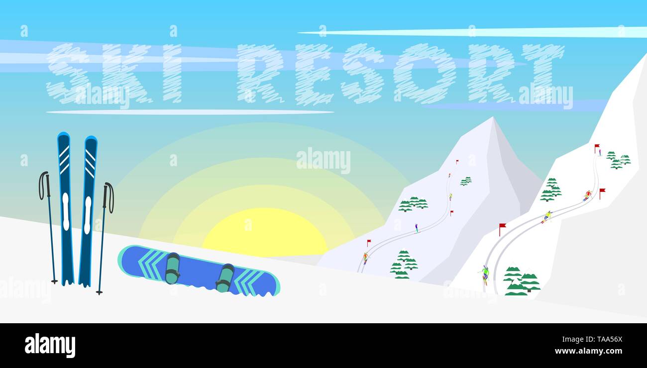 Winter web banner design Ski resort, ski equipment, Fir trees ...