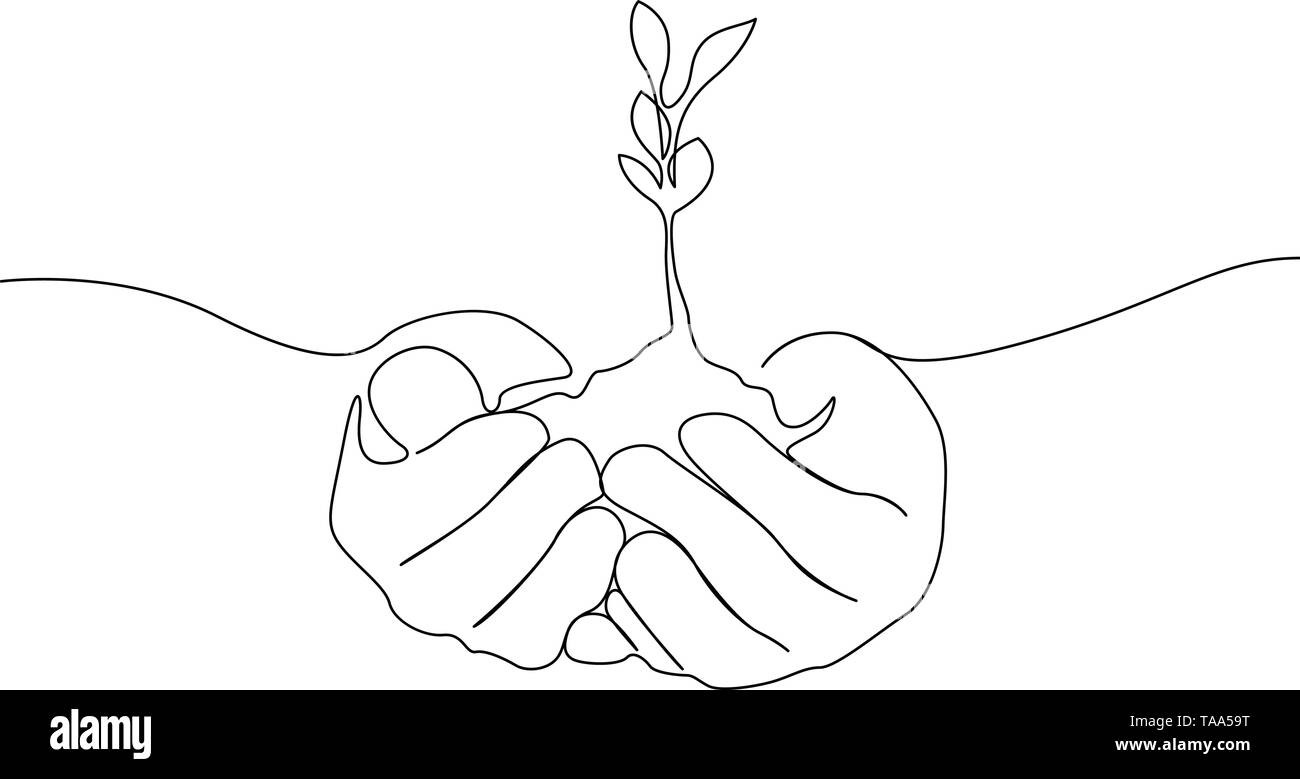 Continuous one line growing sprout in the hands of man, Eco concept ...