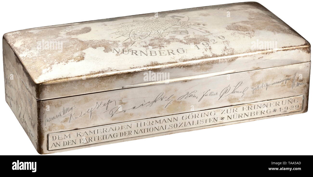 Hermann Göring - a silver cigar box, Nuremberg 1929 Domed lid with the ...