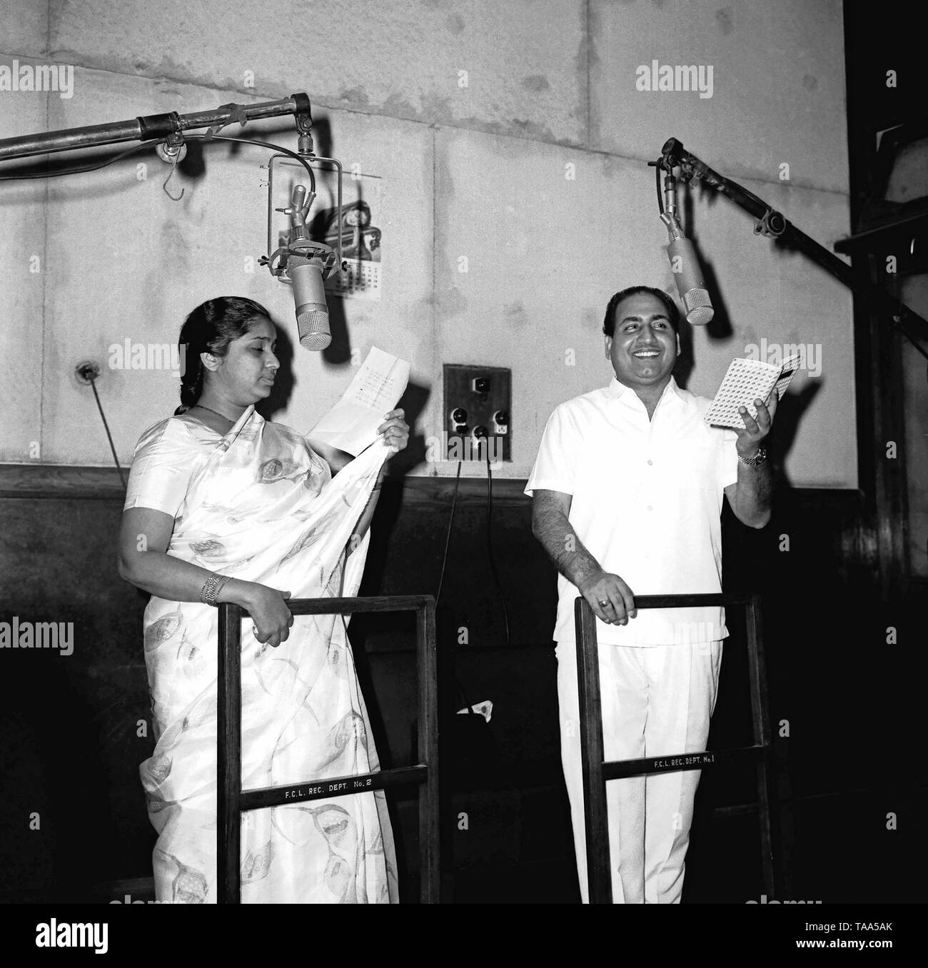 Asha Bhosle and Mohammed Rafi playback singers recording Teesri Manzil film song, 1966, old ...