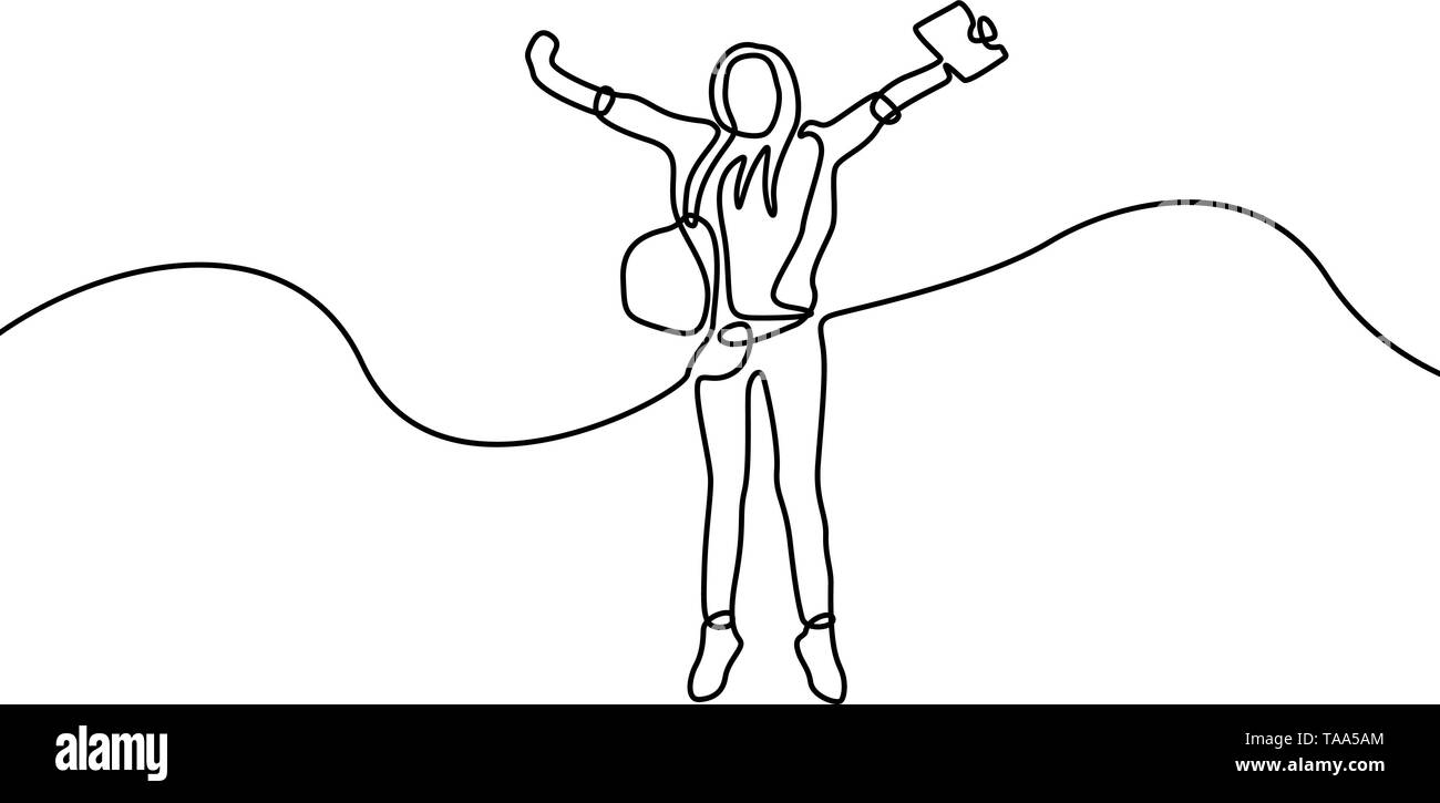 Continuous line happy student girl jumping. Vector illustration Stock ...