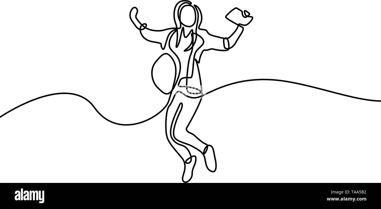 Continuous line drawing girl jumping. One line student girl jumping ...
