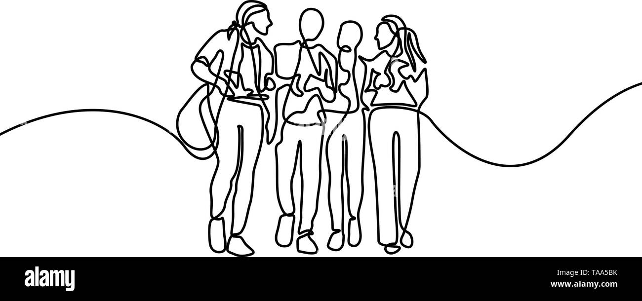 Continuous line group of talking students. First day of college. Vector ...