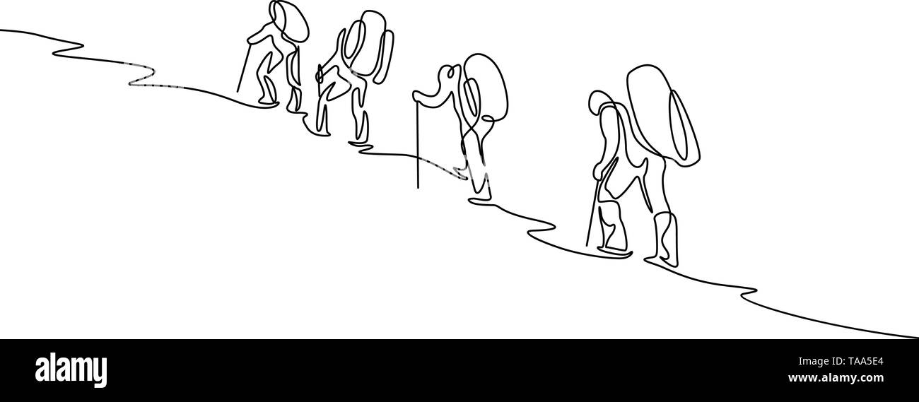 Continuous one line drawing group of four travelers hiking in the ...