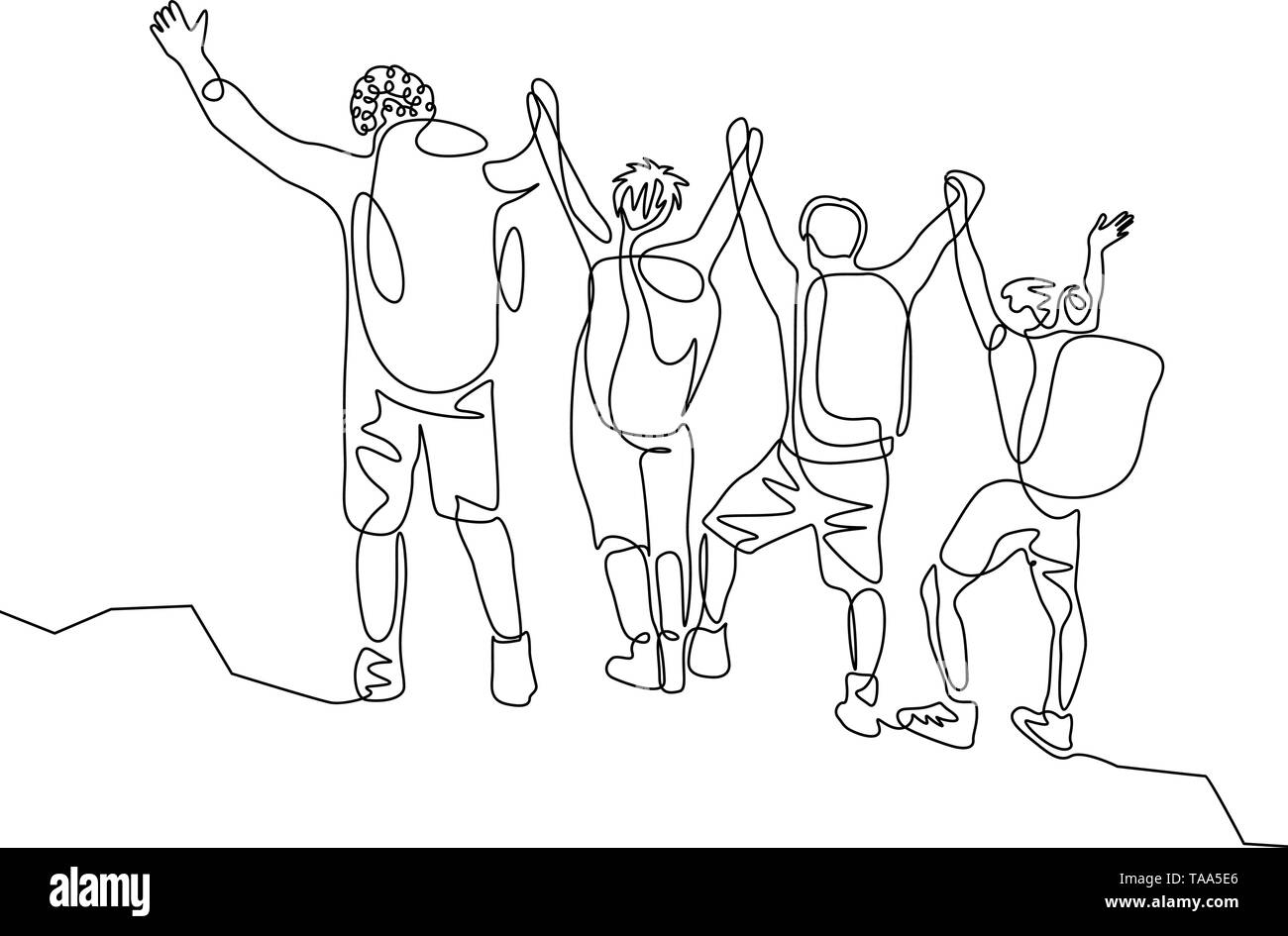 Continuous one line drawing group of travelers with hikings backpacks ...