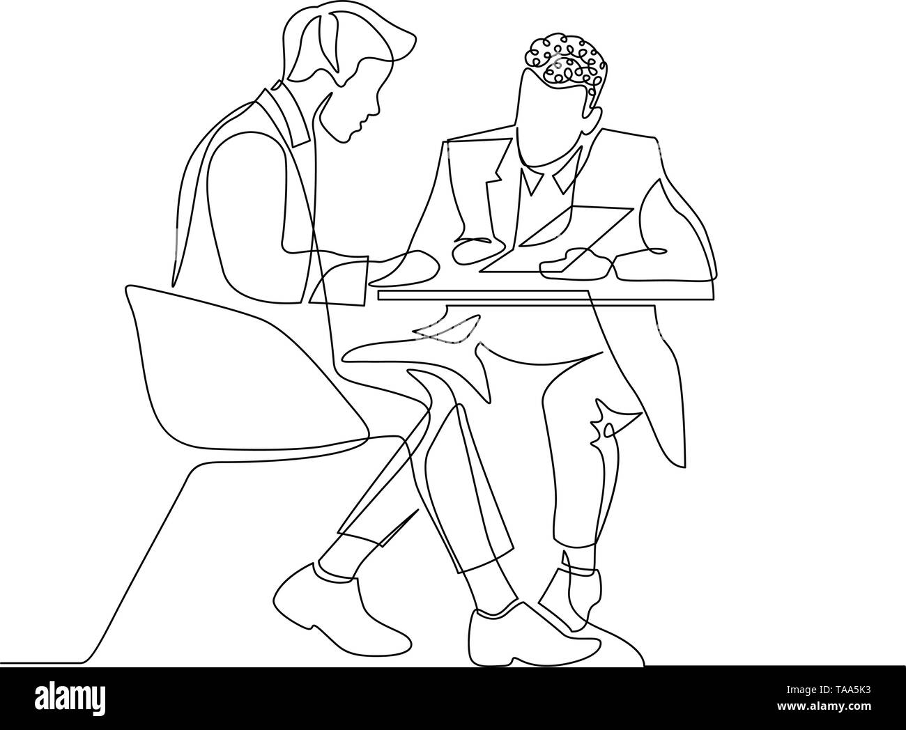 Continuous one line drawing two businessman discussing work with ...