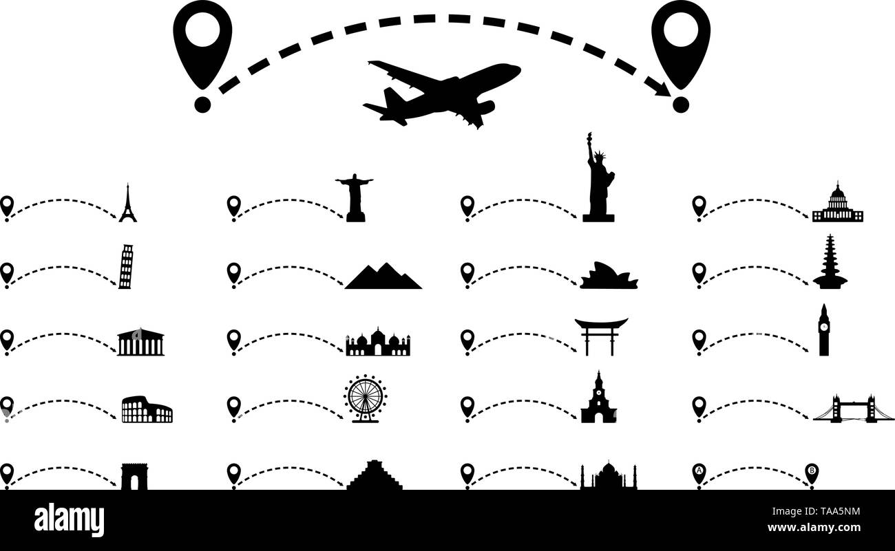 Dotted line path with map pointer, cultural attraction. Travel concept ...