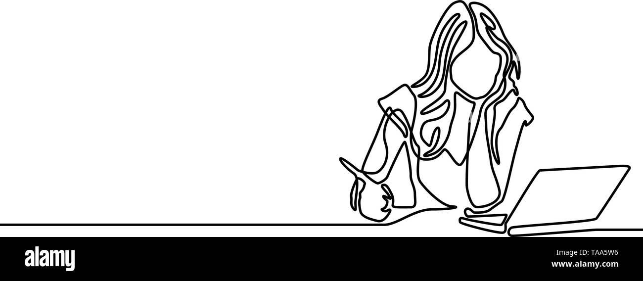 One line woman writing and study with help laptop. E-learning concept ...