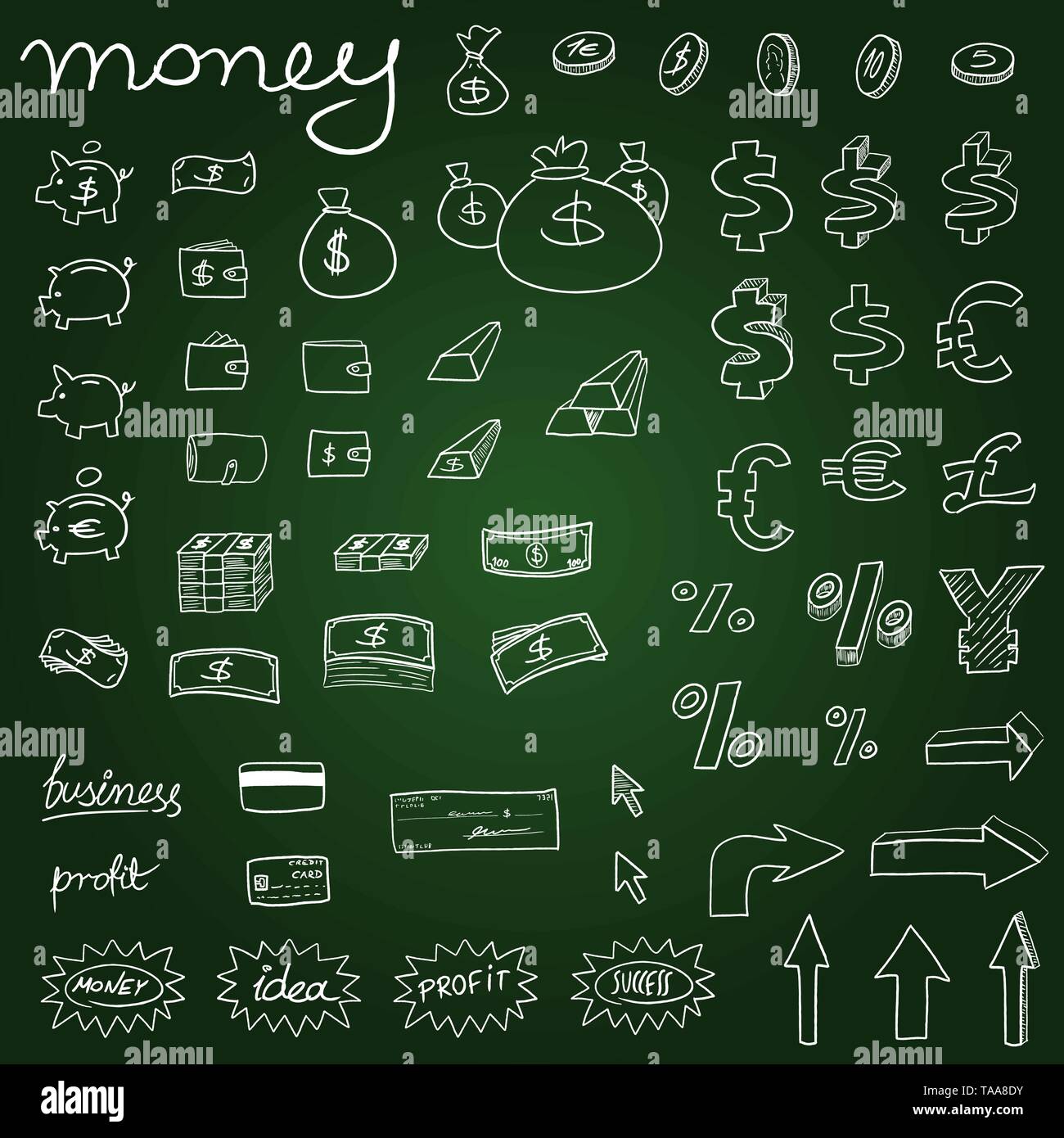 Money icons - doodle style illustration with money, currencies and ...