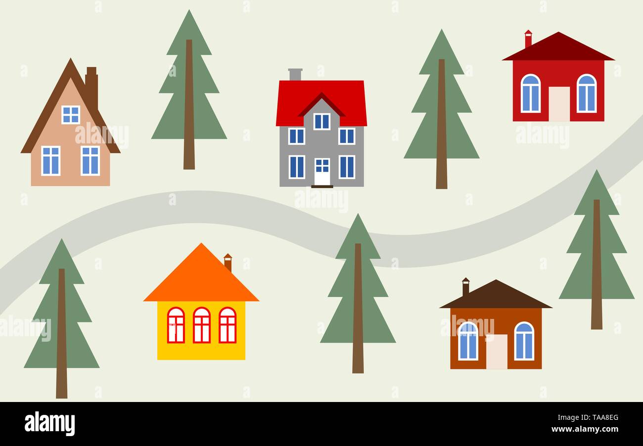 Cartoon town illustration - cute homes along the road Stock Vector ...