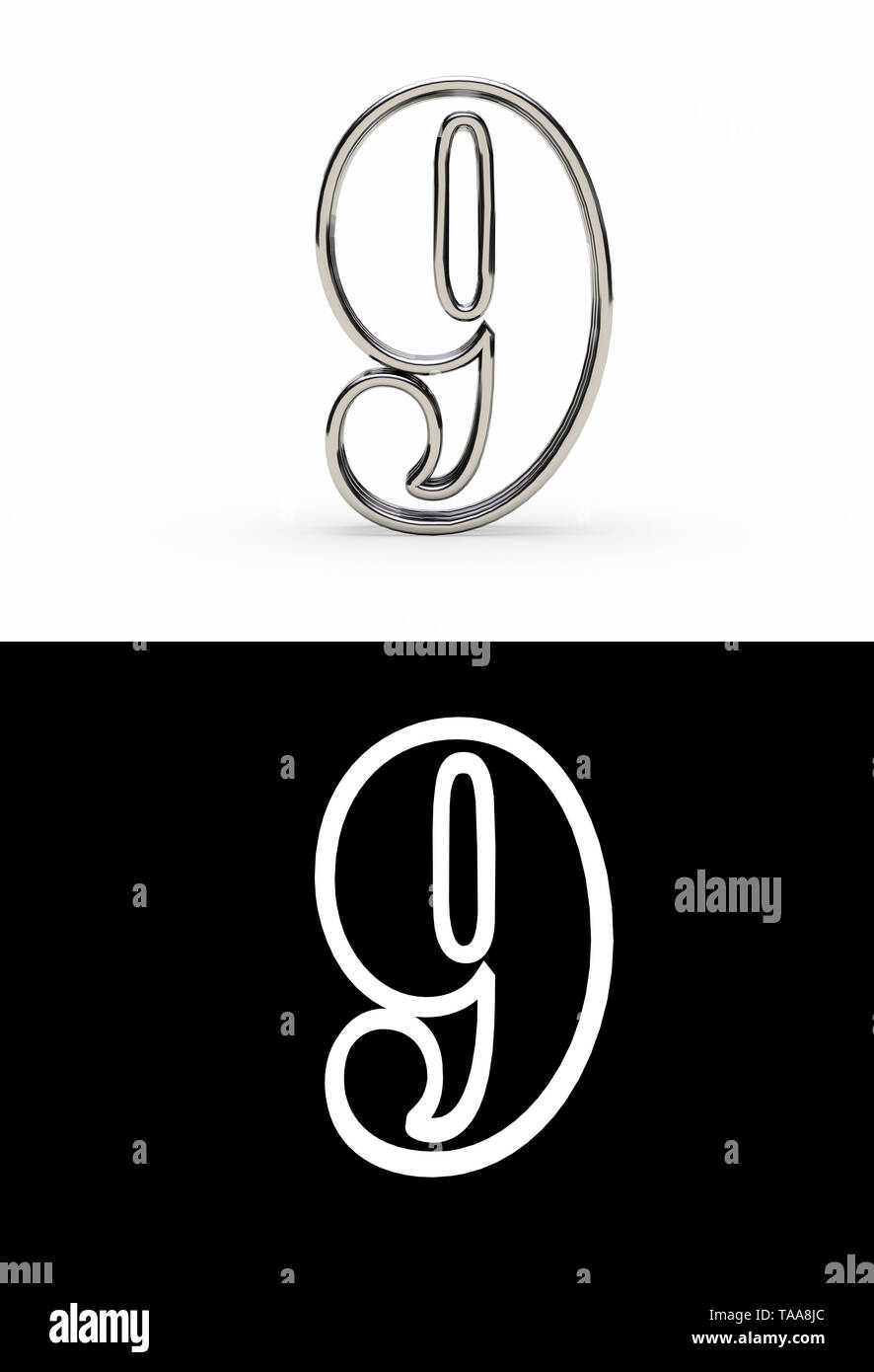 Silver number nine years (number 9 years) with shadow, front view, with ...