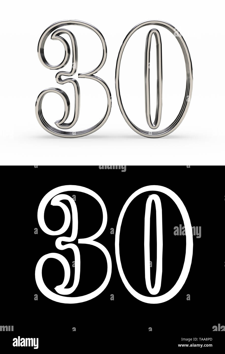 Silver number thirty years (number 30 years) with shadow, front view ...