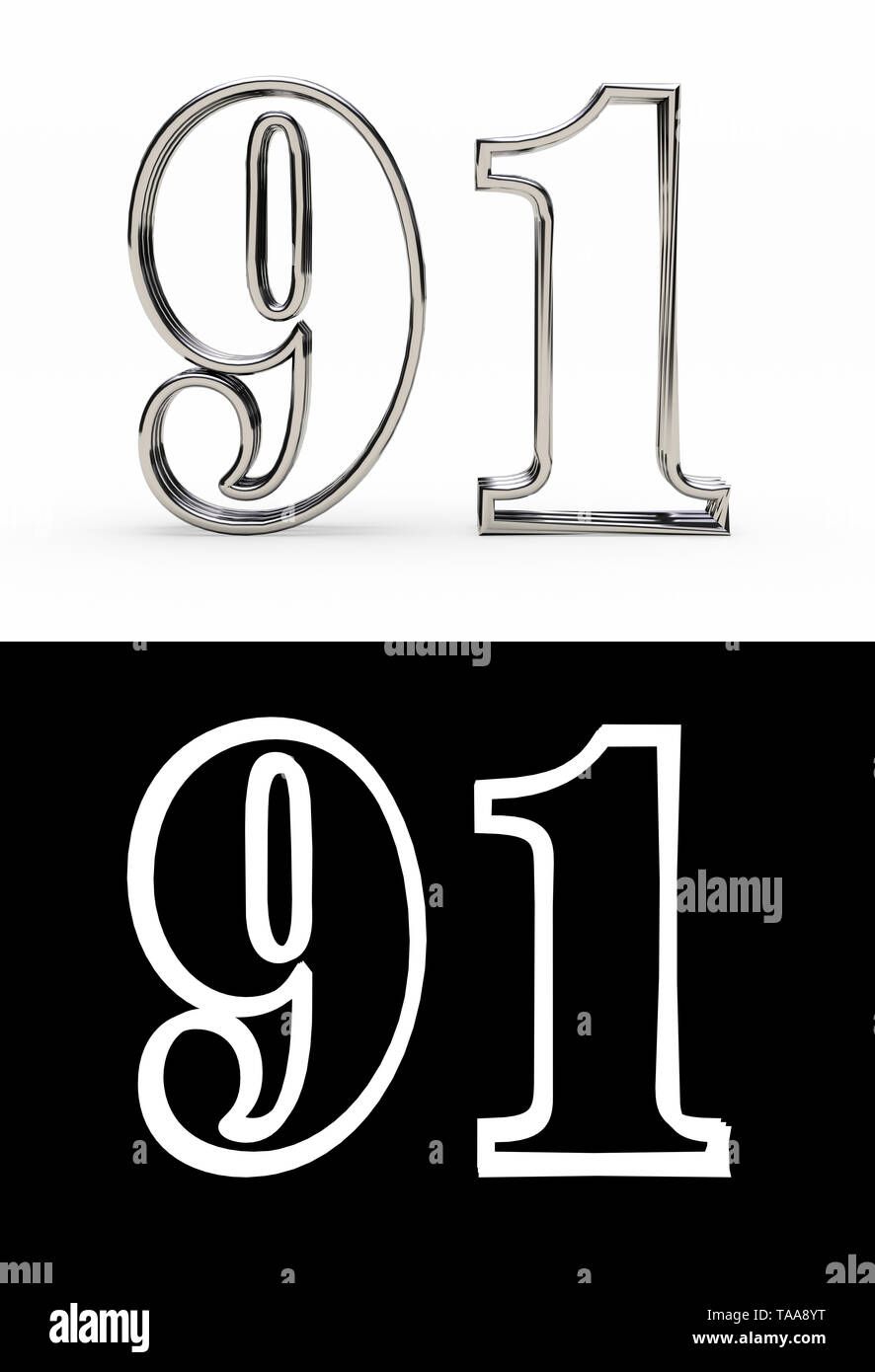 Silver number ninety-one years (number 91 years) with shadow, front view, with alpha channel. 3D ...