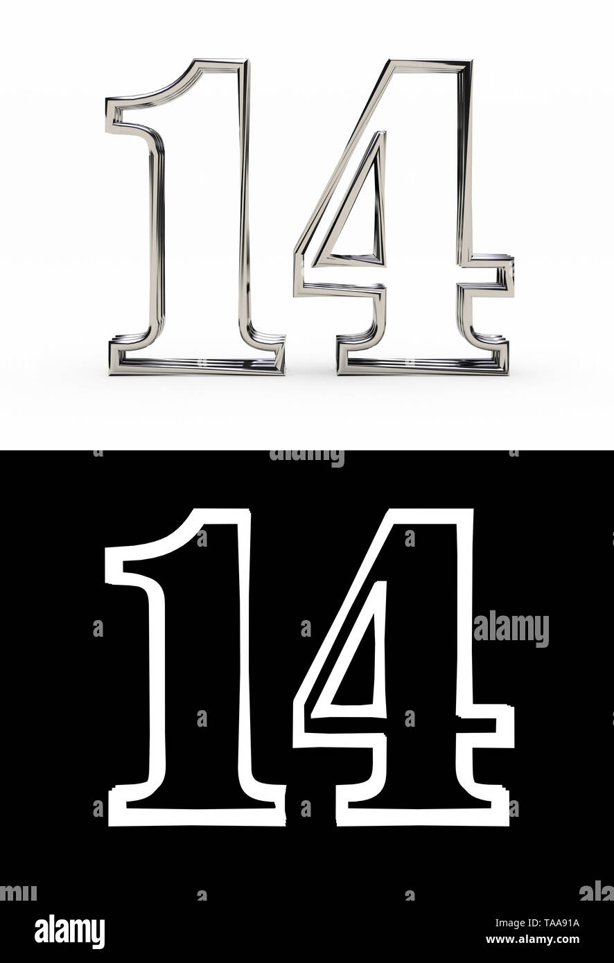 Silver number fourteen years (number 14 years) with shadow, front view ...