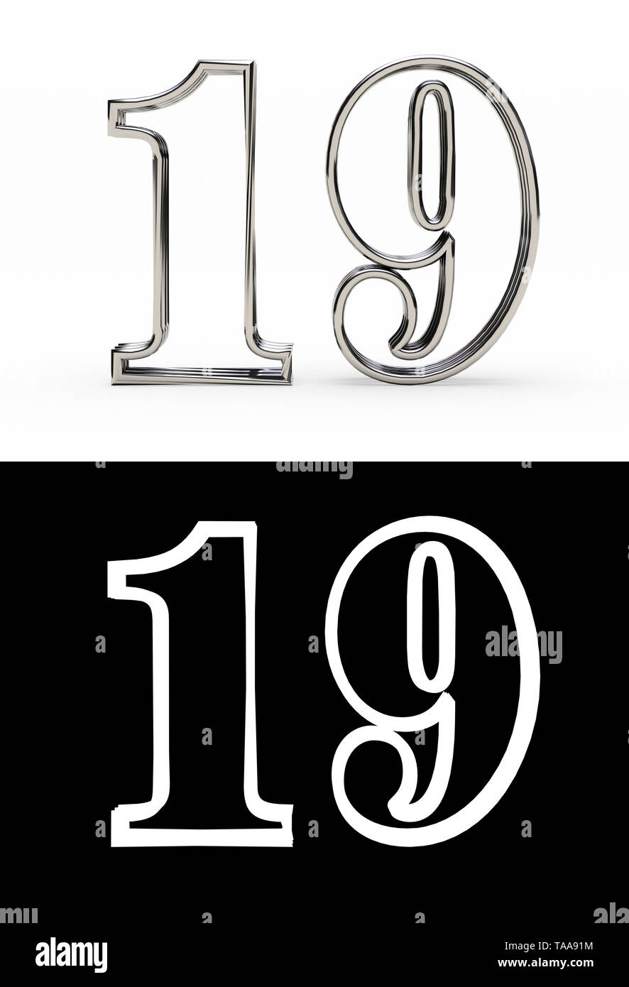 Silver number nineteen years (number 19 years) with shadow, front view ...
