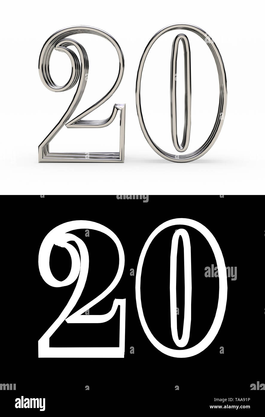 Silver number twenty years (number 20 years) with shadow, front view ...